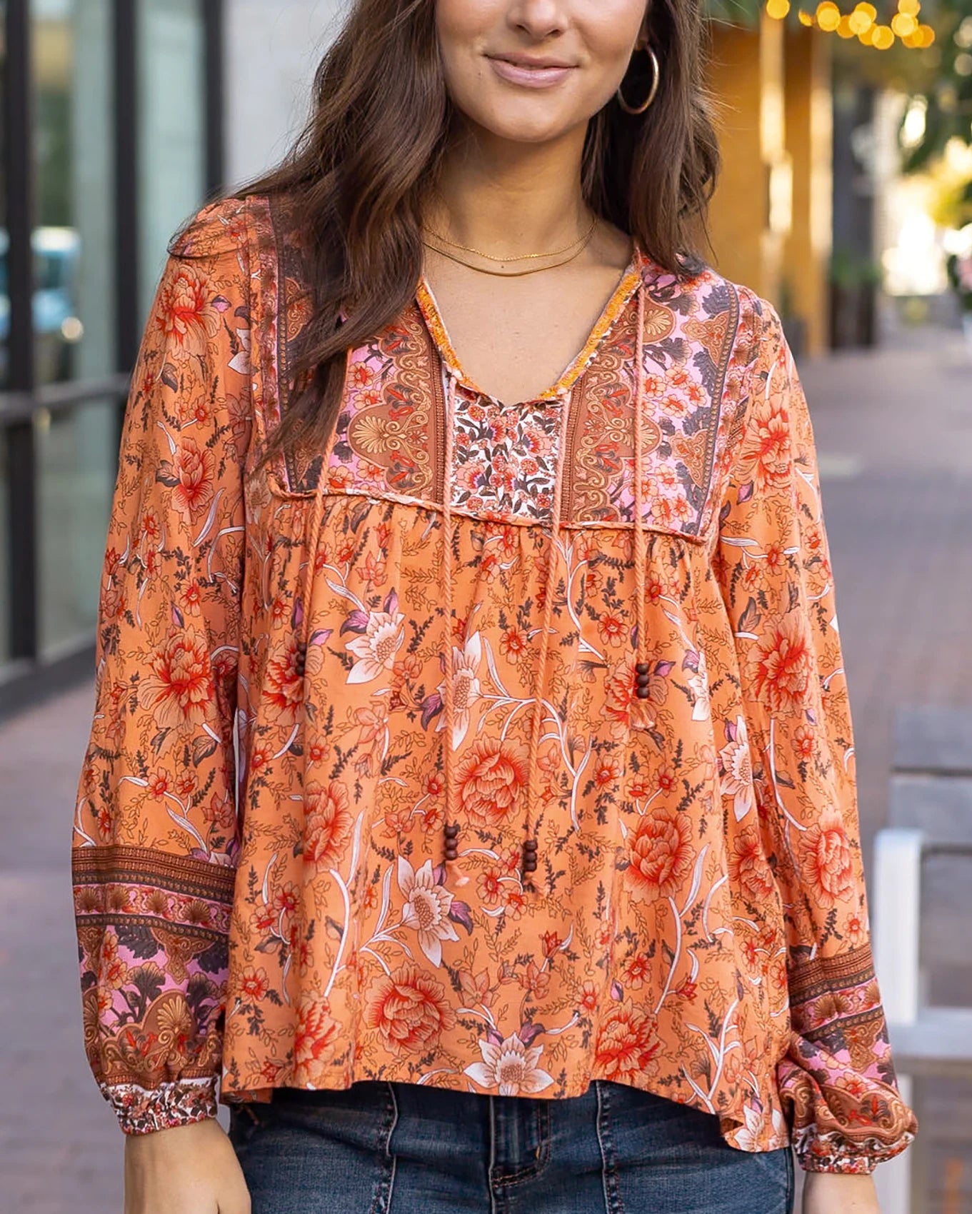 Boho Peasant Top in Apricot Floral - Apricot Floral / XL - Grace and Lace