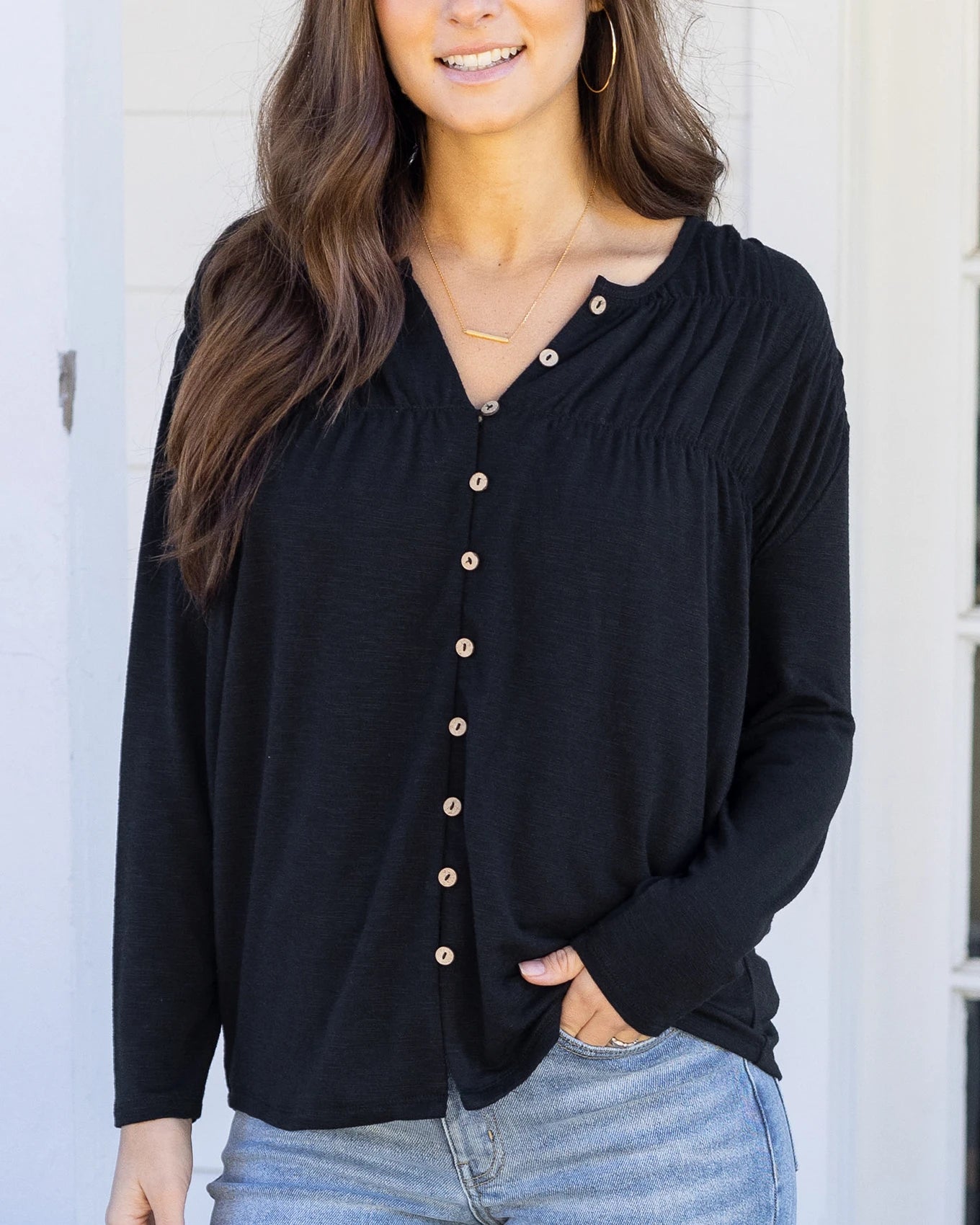 Button Front Black Ruched Top - Grace and Lace