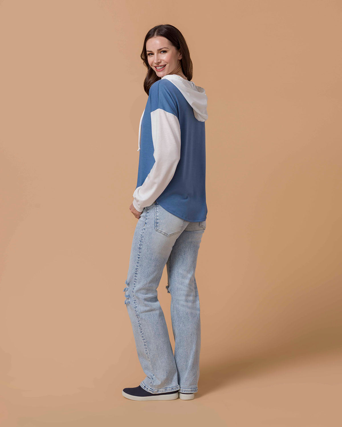 Pullover V-Neck Color Block Hoodie - Blue & White | Grace & Lace ...