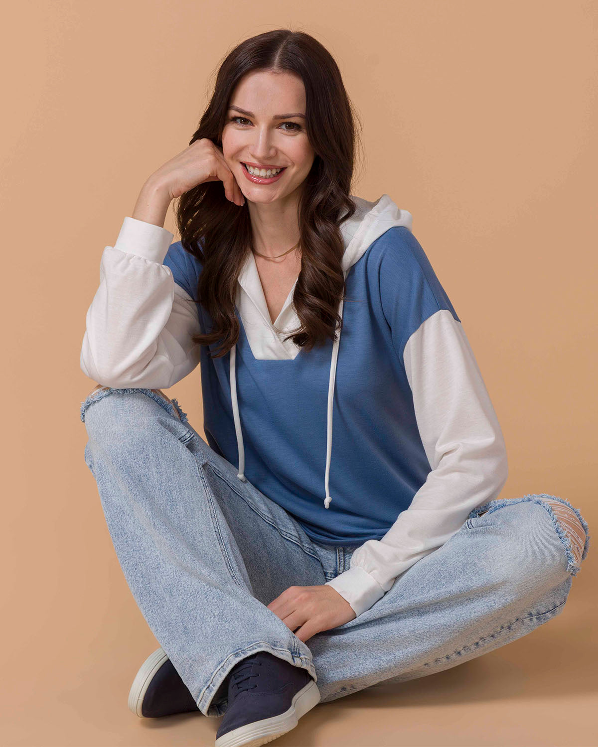 Pullover V-Neck Color Block Hoodie - Blue & White | Grace & Lace ...