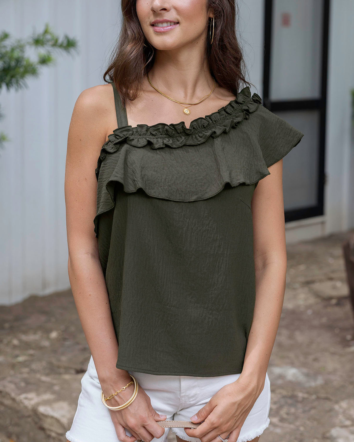 Havana One Shoulder Ruffle Top in Deep Green - Deep Green / XS - Grace ...