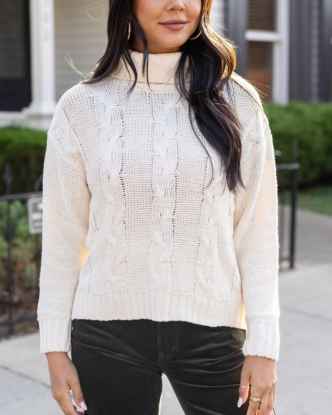 High Neck Ivory Cable Knit Sweater - Ivory / S - Grace and Lace