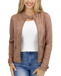 Leather Like Cafe Racer Jacket in Taupe - Taupe / XS - Grace and Lace