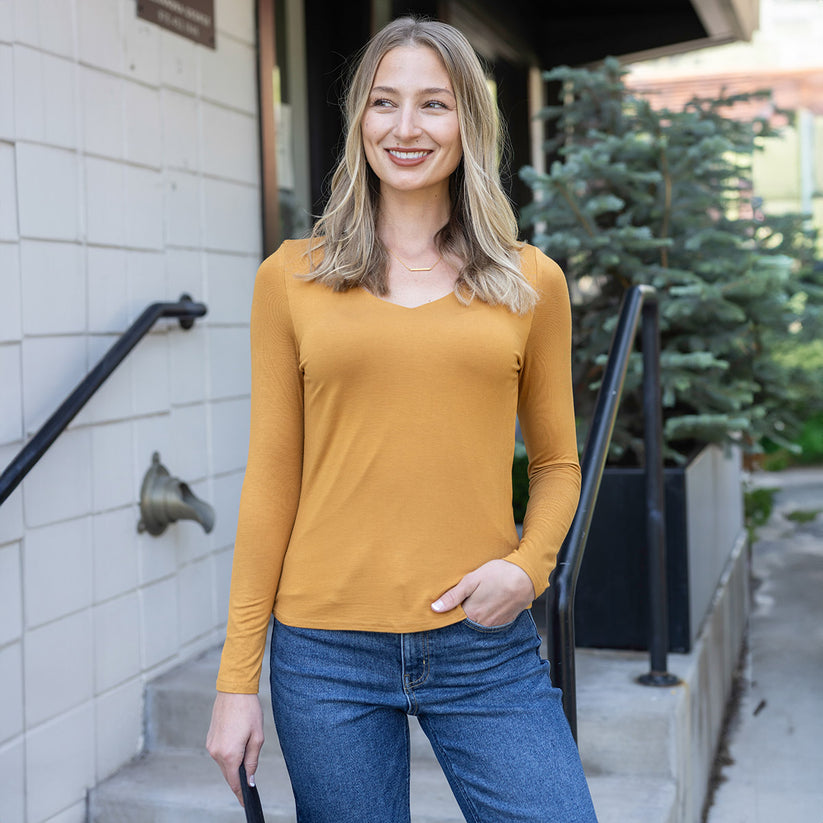 Modal V-Neck Mustard Long Sleeve Tee - Mustard / M - Grace and Lace