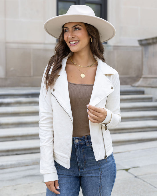 Move Free Leather Like Cream Moto Jacket - Cream / L - Grace and Lace