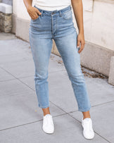 Premium Denim High Waisted Mom Jeans in Non Distressed Mid-Wash - FINA ...