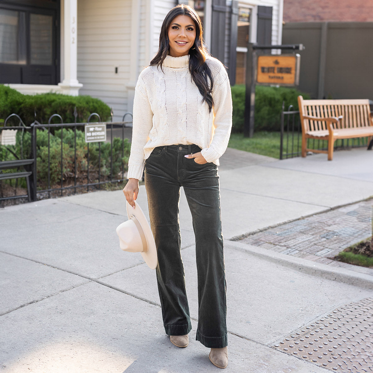 Wide Leg Deep Green Corduroy Pants - Deep Green / 10 - Grace and Lace