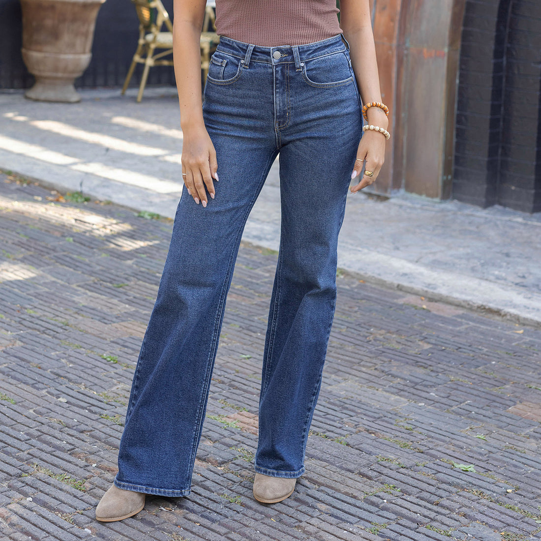 Wide Leg Premium Denim in Non Distressed Dark Mid-Wash - Dark Mid-Wash ...