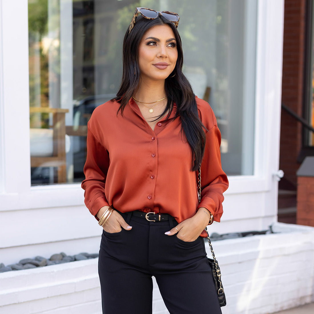 Satin Rust Button Down Top - Rust / XS - Grace and Lace